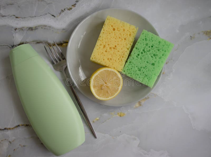 Sponge for Washing Dishes, Lemon, Sanitary Plate Stock Photo - Image of ...