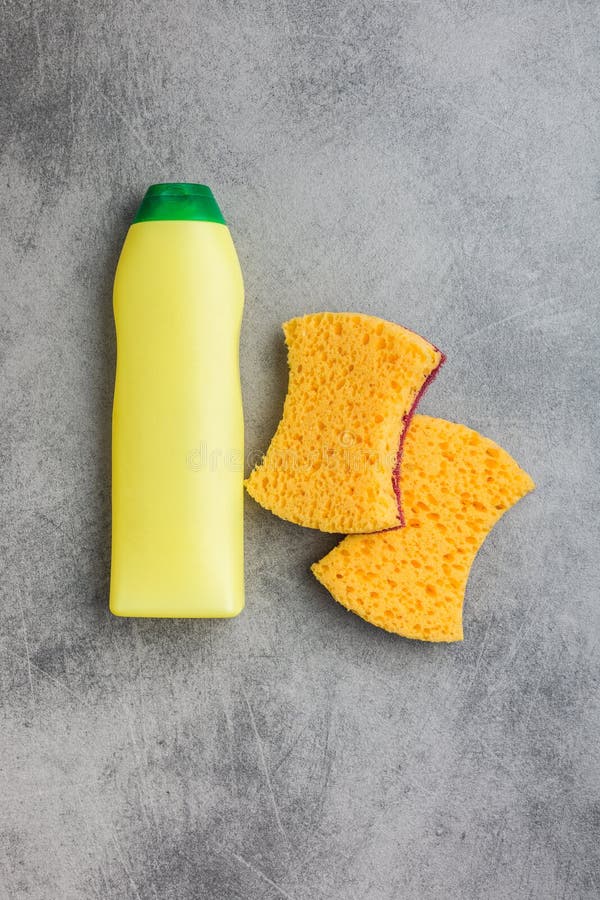 Sponge for Washing Dishes, Plastic Bottle and Plates on Gray Kitchen ...