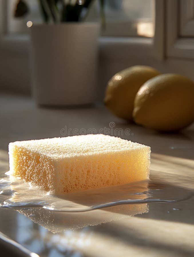 A Sponge on a Wet Countertop Next To Lemons in Sunlight. Stock Image ...