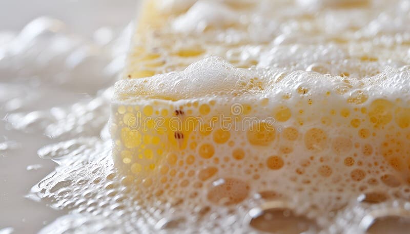 Sponge with White Soap Suds Scrubbing Stock Photo - Image of hygiene ...