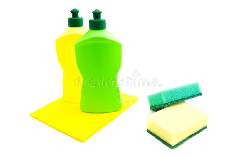 Sponges, rag and bottles stock image. Image of chores - 65094747