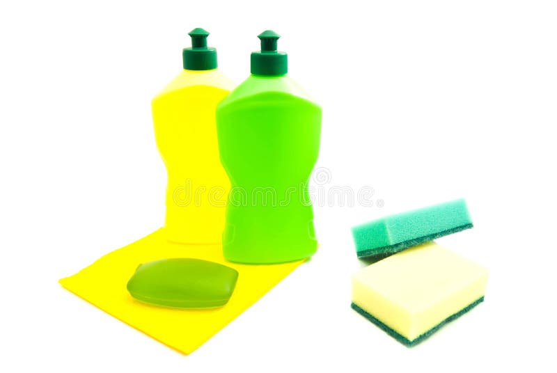 Sponges, Soap, Rag and Bottles Stock Photo - Image of cleaning, green ...