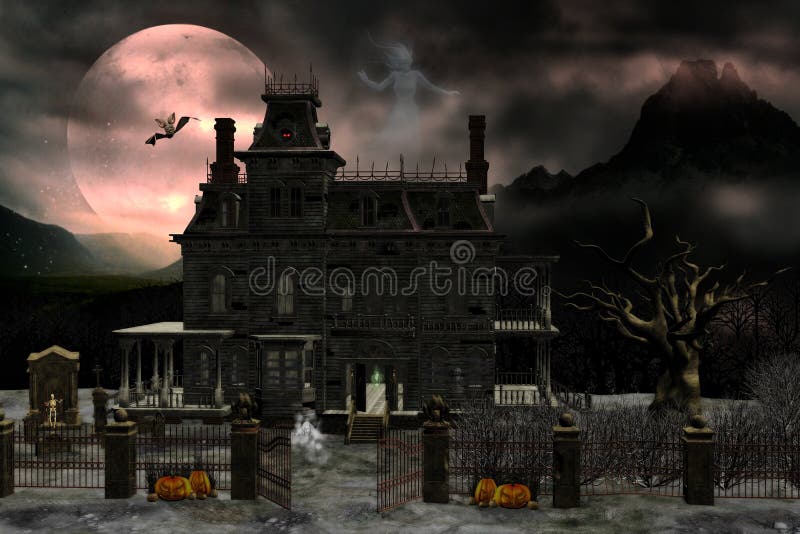Spookhuis - Volle maan stock illustratie. Illustration of nachttijd ...