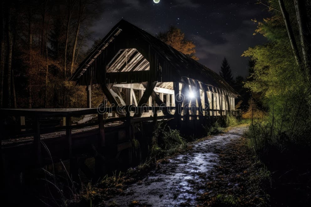 Spooky, Abandoned Covered Bridge at Night Stock Illustration ...