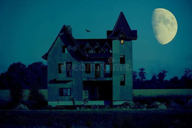 A Spooky Abandoned House Under The Eerie Glow Of A Half Moon With A Ghostly Figure In The