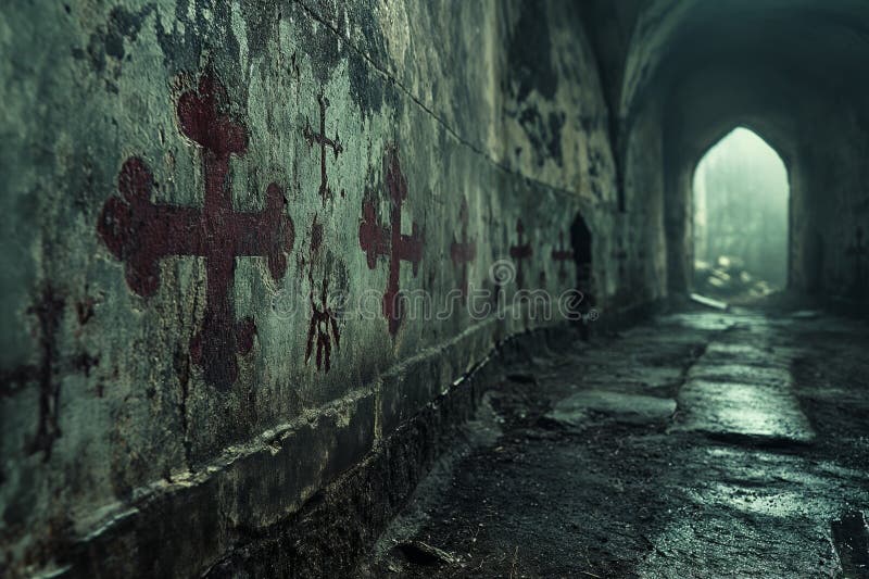 Spooky Alley Adorned with Red Cross Paintings, AI-generated. Stock ...