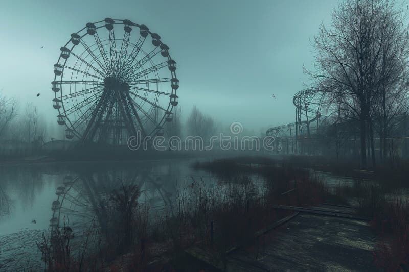 Spooky Amusement Park with a Haunted Ferris Wheel and Eerie Attractions ...