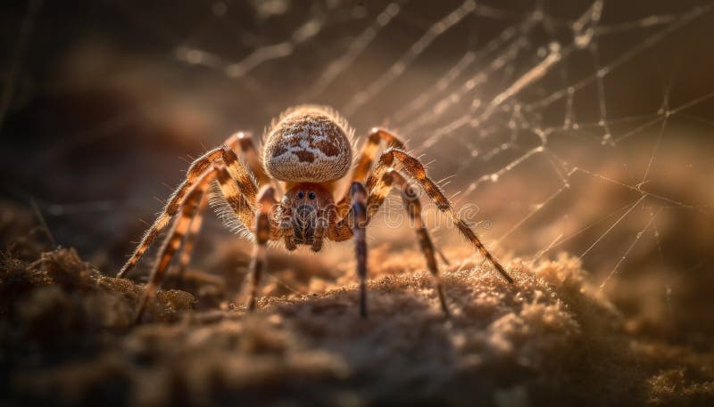 Spooky Arachnid Crawling on Dewy Spider Web Generated by AI Stock ...
