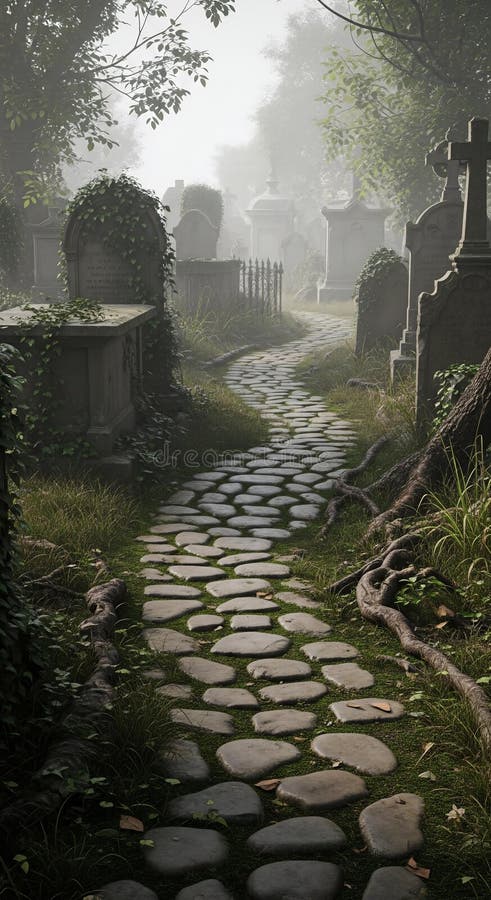 An Old, Stone Path through an Ancient, Overgrown Cemetery. Stock ...