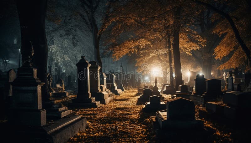 Spooky Autumn Night, Dead Tree, Grave Stone Generated by AI Stock ...