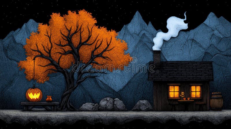 Spooky Autumn Scene with a Cabin Eerie Tree and Halloween Decorations ...