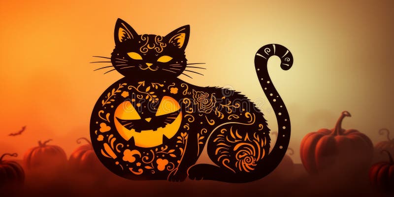 Spooky Black Cat Silhouette with Pumpkin Stock Illustration ...