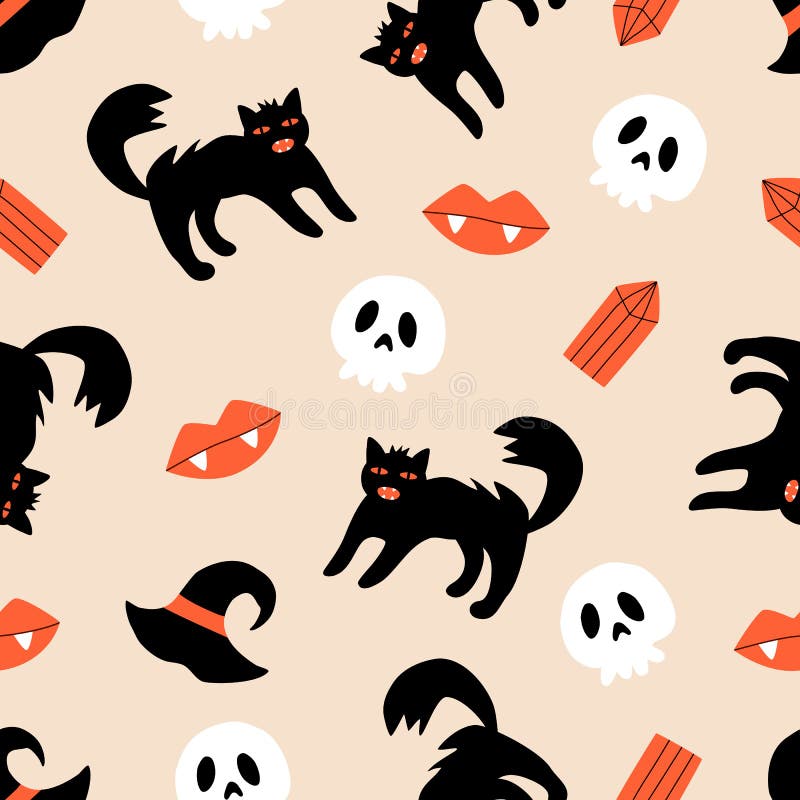 Spooky Black Cats, Sculls, Vampire Lips and Red Crystals Hand Drawn ...