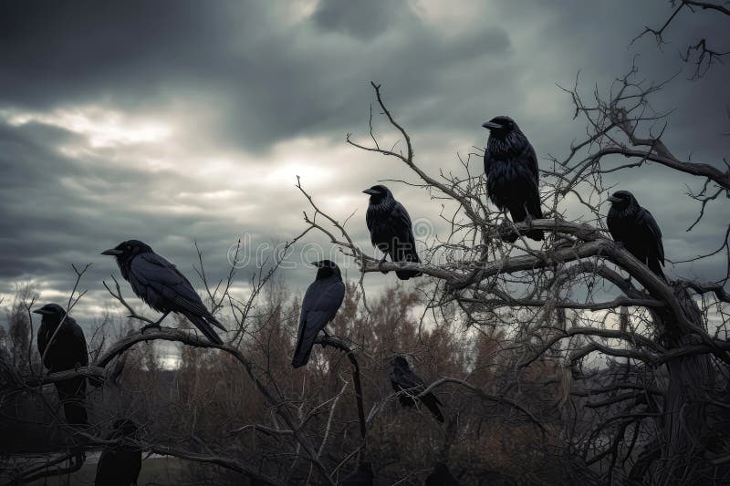Spooky Black Crows Perched on Twisted Branches Against Cloudy Sky ...
