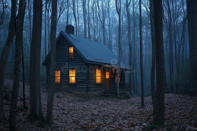 Spooky Cabin Deep in the Woods with Glowing Windows Stock Image - Image ...