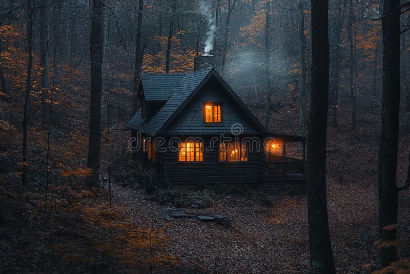 Spooky Cabin Deep in the Woods with Glowing Windows Stock Image - Image ...