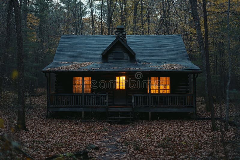 Spooky Cabin Deep in the Woods with Glowing Windows Stock Photo - Image ...