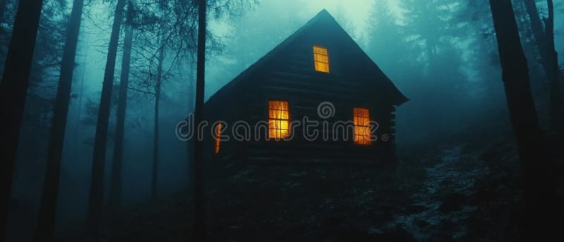 Spooky Cabin Deep in the Woods with Glowing Windows Stock Photo - Image ...