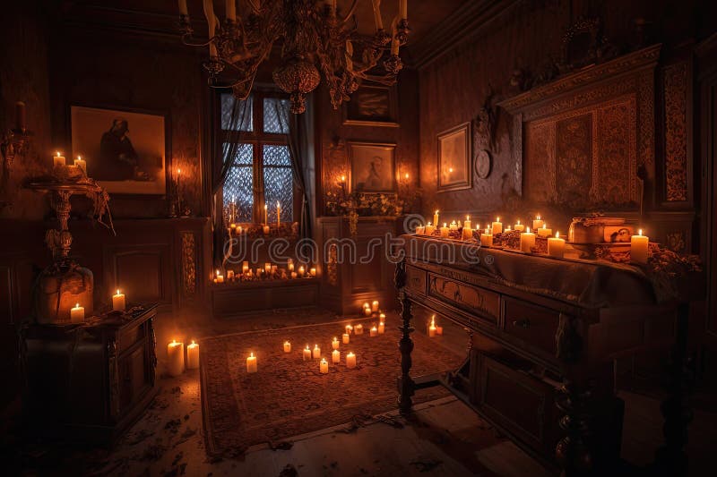Spooky Candlelit Room with Flickering Flames and Hidden Surprises Stock ...