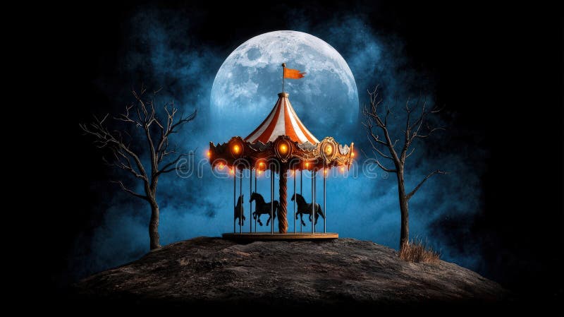 A Spooky Carousel Under a Full Moon Surrounded by Dark Trees Stock ...
