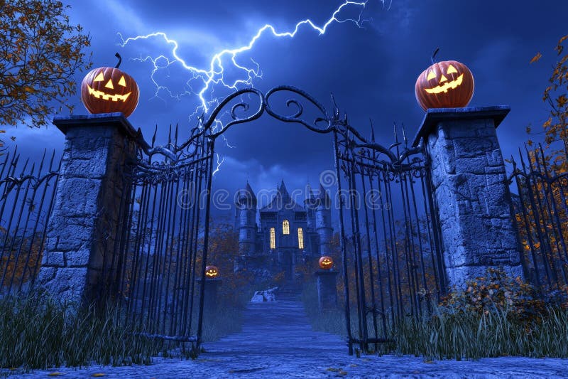 Spooky Castle Gate with Pumpkins for Halloween Stock Image - Image of ...