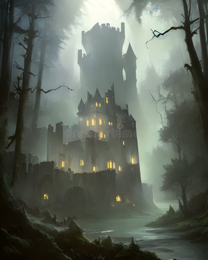 Spooky Castle in the Moonlight Stock Illustration - Illustration of ...