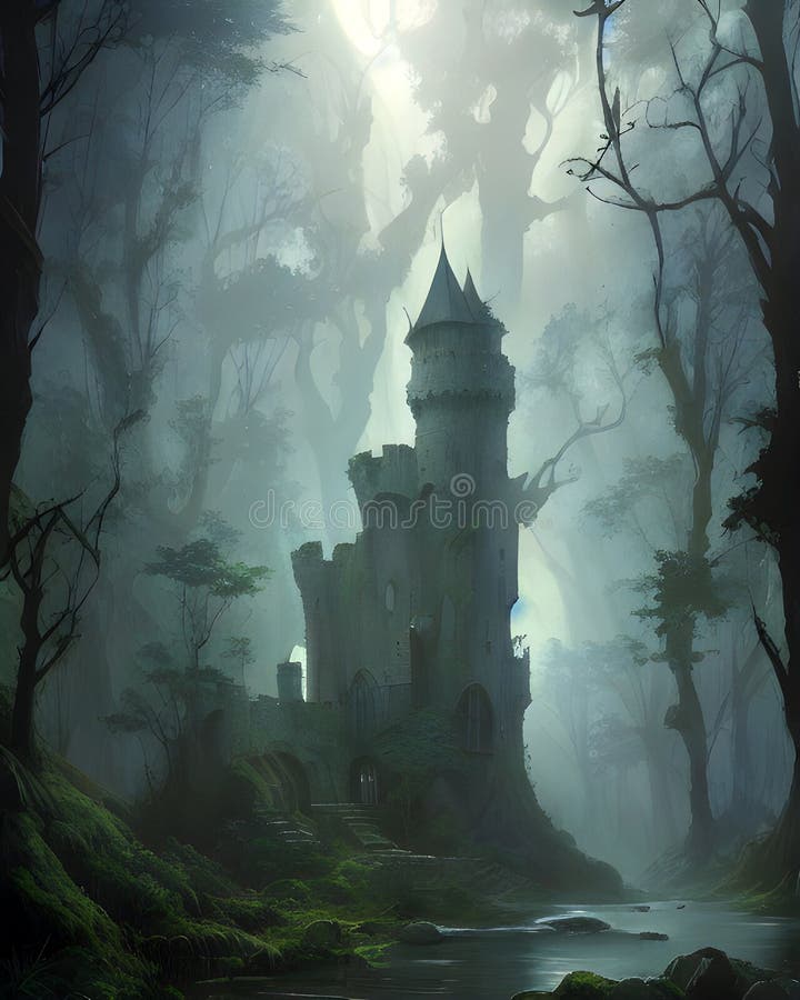 Spooky castle with tower stock illustration. Illustration of mist ...