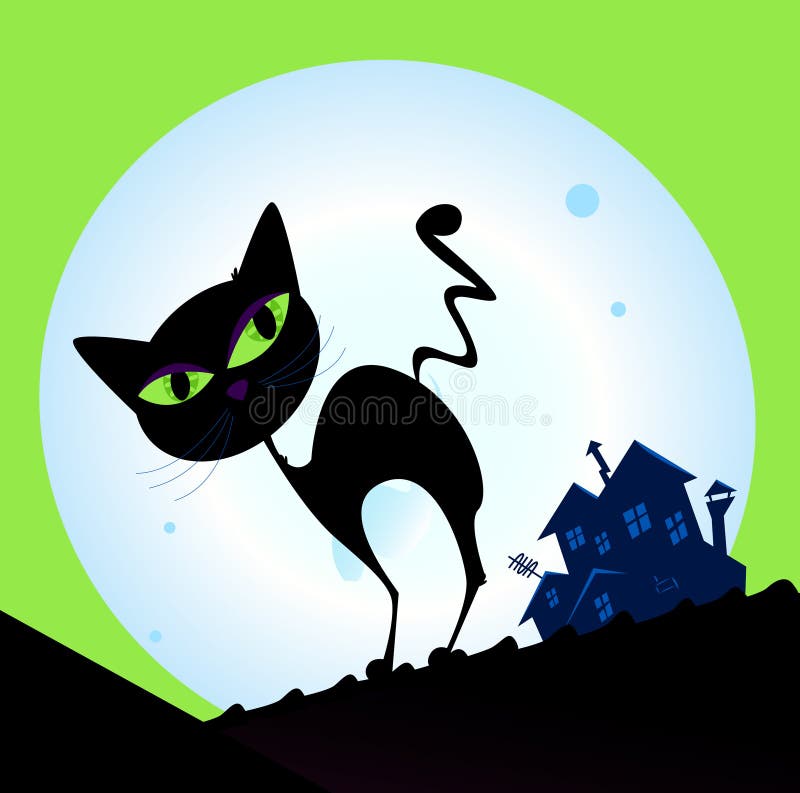 Spooky Cat Silhouette with Full Moon in Background Stock Vector ...