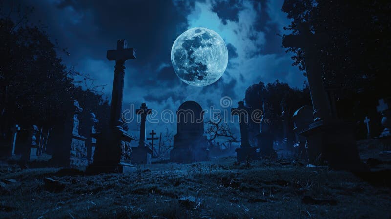 Spooky Cemetery Night Under Full Moon Perfect Halloween Designs Stock ...