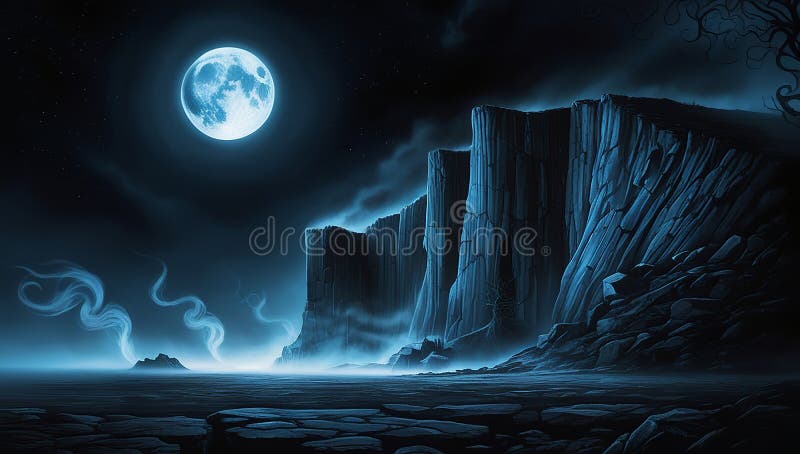 Spooky Cliff Under a Full Moon, Enveloped in Mist and Fog, Creating a ...