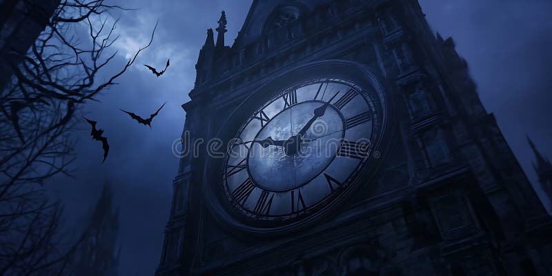 Spooky Clock Tower at Night Dark Gothic Architecture Stock Illustration ...