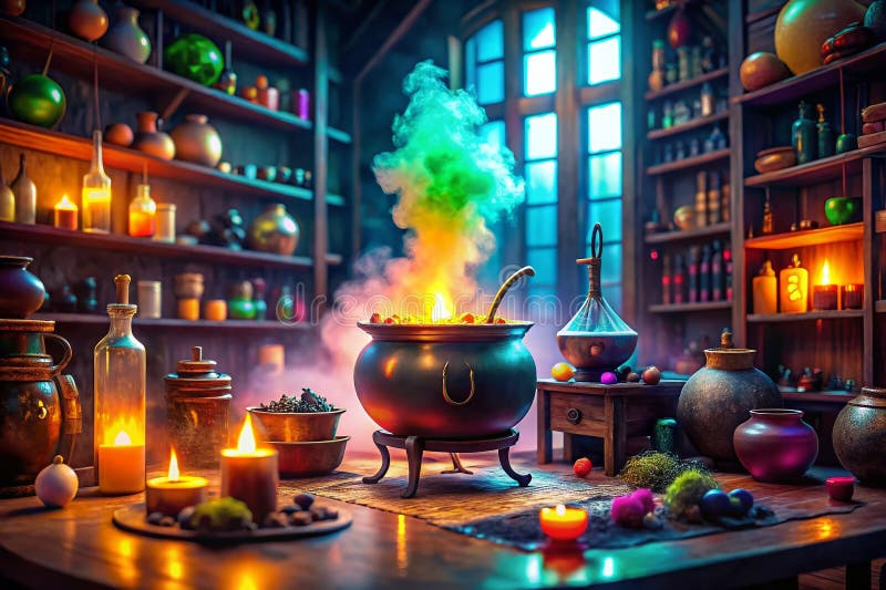 A Spooky 3D Witchs Potion Lab Enchanting Halloween Render with Bubbling ...