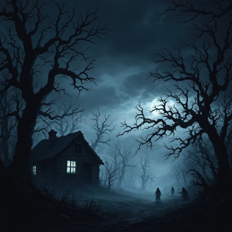 Spooky Dark Forest Path Featuring a Mysterious House and Ghostly ...