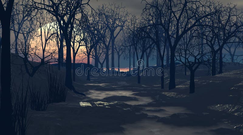Spooky Forest with Full Moon and Wooden Table Stock Illustration ...