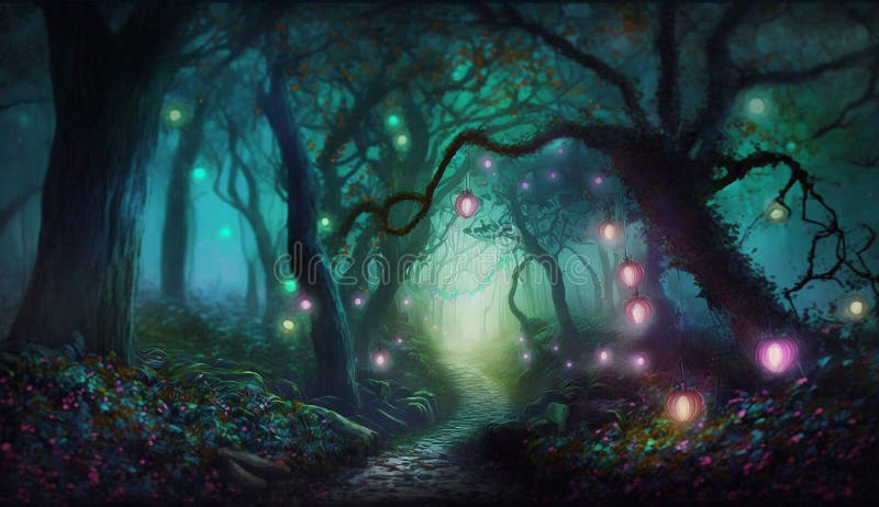 Spooky Forest with Lights Along Pathway. Stock Illustration ...