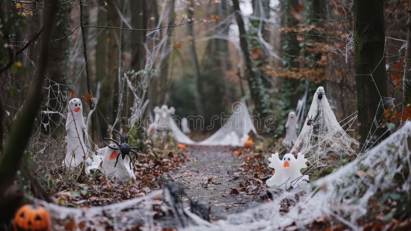 Spooky Forest Path Decorated with Ghosts and Cobwebs for Halloween ...
