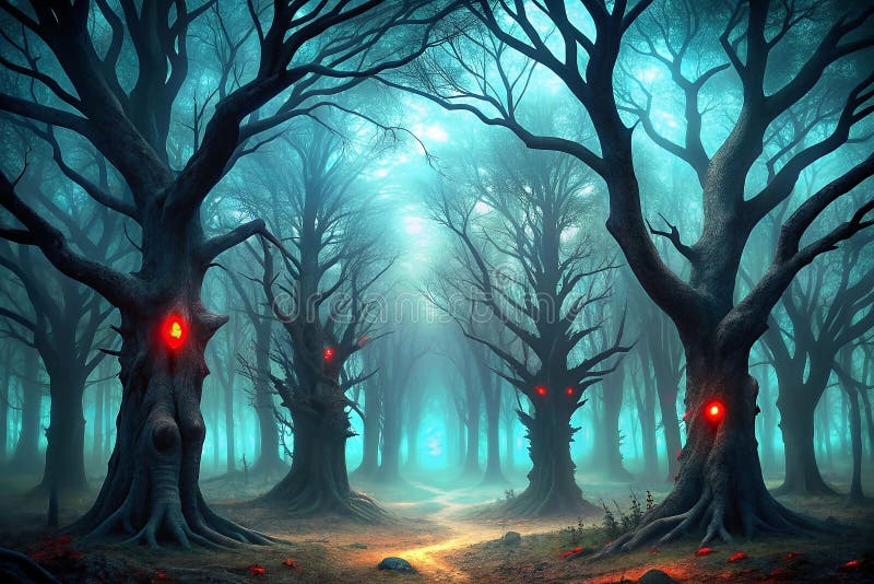 Spooky Forest Path with Glowing Eyes, Night Stock Illustration ...