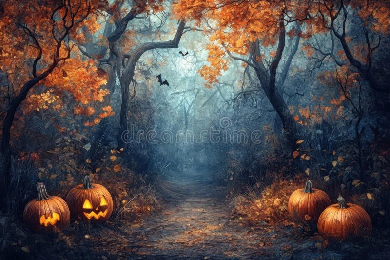 Spooky Forest Path Lights Up with Halloween Pumpkins and Autumn Leaves ...