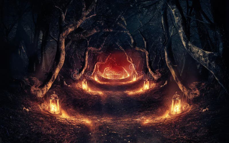 Generative AI, a Spooky Forest Path Lit by Lanterns, with Shadowy ...