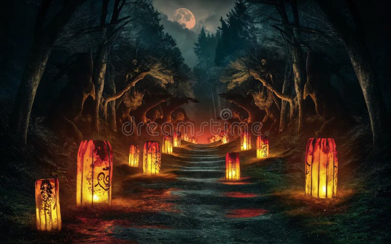 Generative AI, a Spooky Forest Path Lit by Lanterns, with Shadowy ...