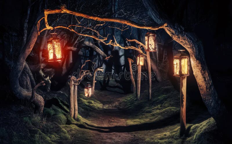 Generative AI, a Spooky Forest Path Lit by Lanterns, with Shadowy ...