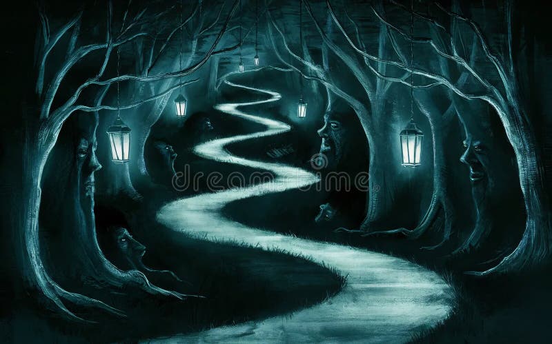 Generative AI, a Spooky Forest Path Lit by Lanterns, with Shadowy ...