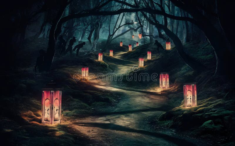 Generative AI, a Spooky Forest Path Lit by Lanterns, with Shadowy ...