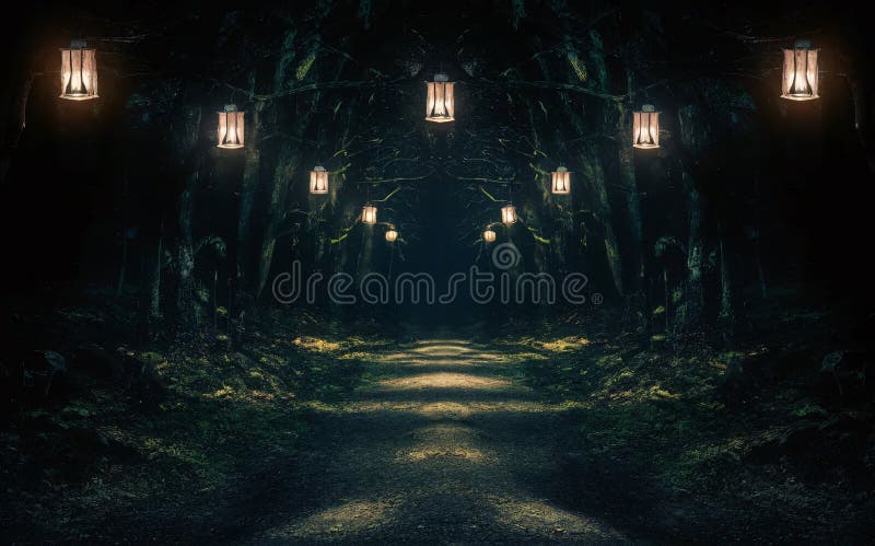 Generative AI, a Spooky Forest Path Lit by Lanterns, with Shadowy ...