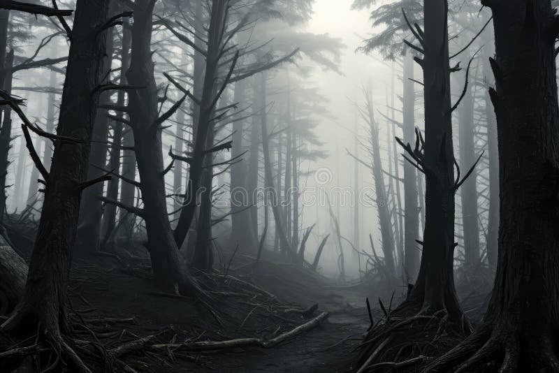 Spooky Forest Shrouded in Fog Stock Illustration - Illustration of ...
