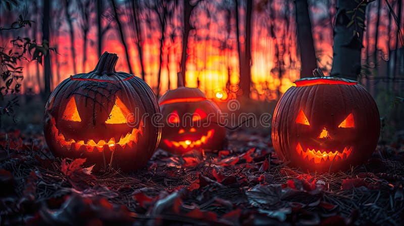 A Spooky Forest Sunset with a Haunted Evil Glowing Eyes Stock ...