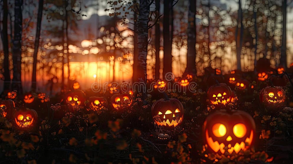 A Spooky Forest Sunset with a Haunted Evil Glowing Eyes Stock ...