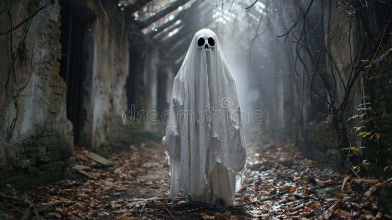 Spooky Ghost Costume in a Haunted Forest Setting Stock Illustration ...
