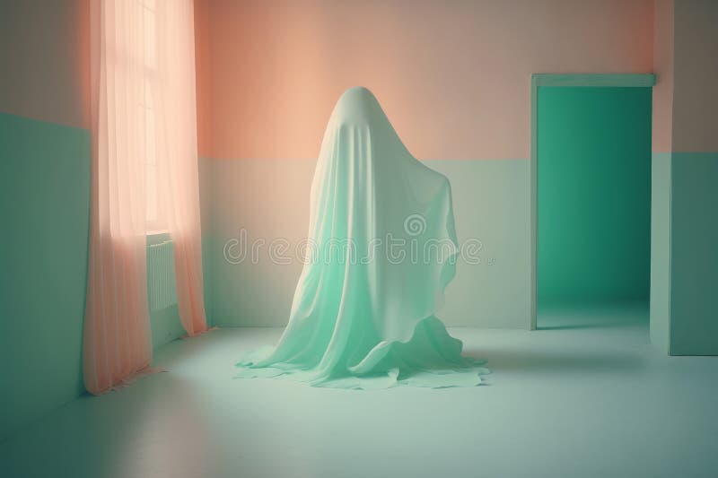 A Spooky Ghost Figure Made from a Sheet in a Pastel Interior Room ...