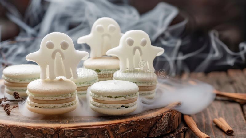 Spooky Ghost-Shaped Meringues on Halloween Themed Macarons with Smoke ...